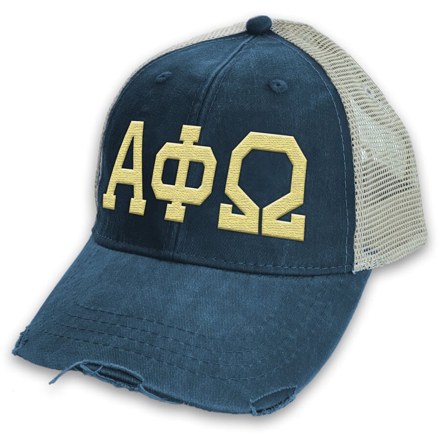 Alpha Phi Omega Distressed Trucker Hat SALE $21.95. - Greek Gear®