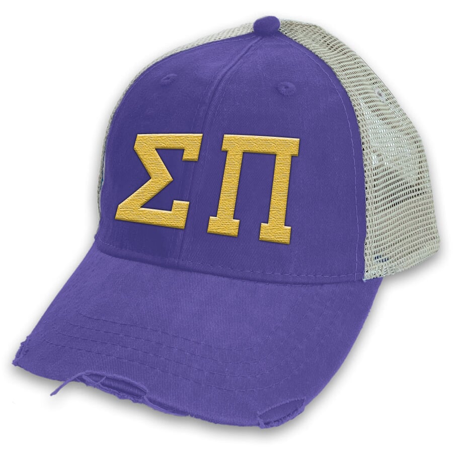 Sigma Pi Distressed Trucker Hat SALE $21.95. - Greek Gear®