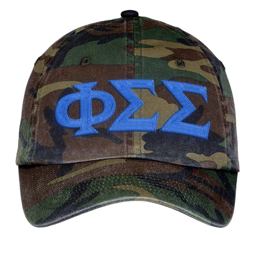 Phi Sigma Sigma Lettered Camouflage Hat SALE $21.95. - Greek Gear®