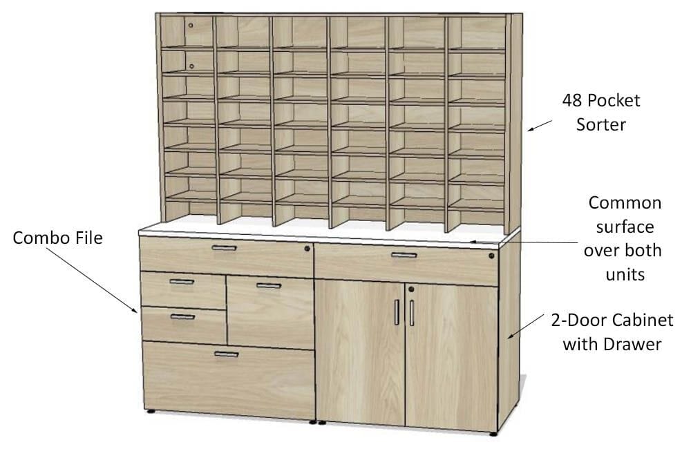 72" Custom Mail Sorter Workstation with 48 Compartments and Locking Storage