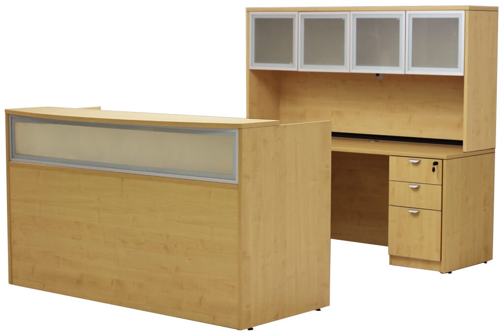 Maple U-Shaped Reception Desk w/Frosted Glass Panel & Hutch