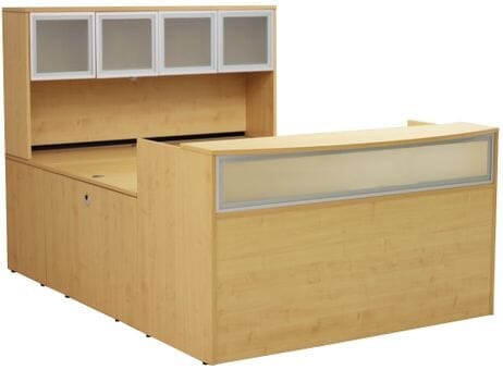Maple U-Shaped Reception Desk w/Frosted Glass Panel & Hutch