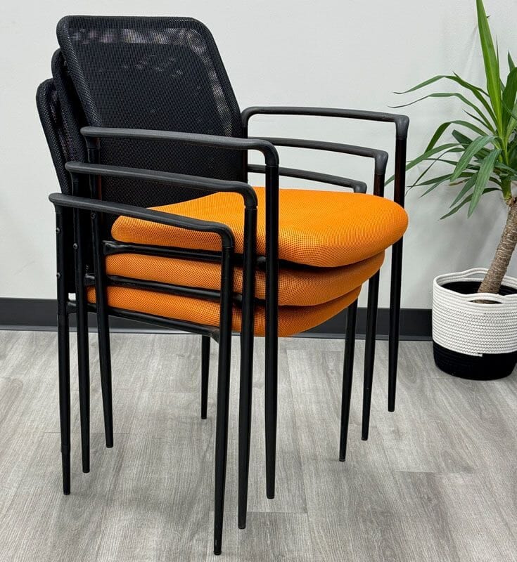 8' Mocha Oval Racetrack Table w/6 Orange Mesh Stacking Chairs ...
