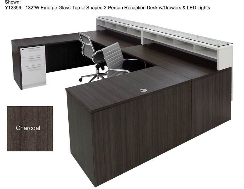 Emerge Glass Top U-Shaped 2-Person Reception Desk w/Drawers & LED ...