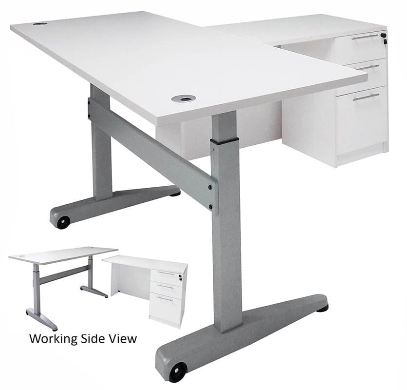 Pneumatic Lift Height Adjustable Executive L-Desk in White