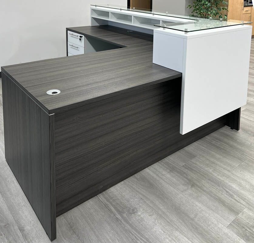 Emerge L-Shaped Glass Top Reception Desk with ADA Surface