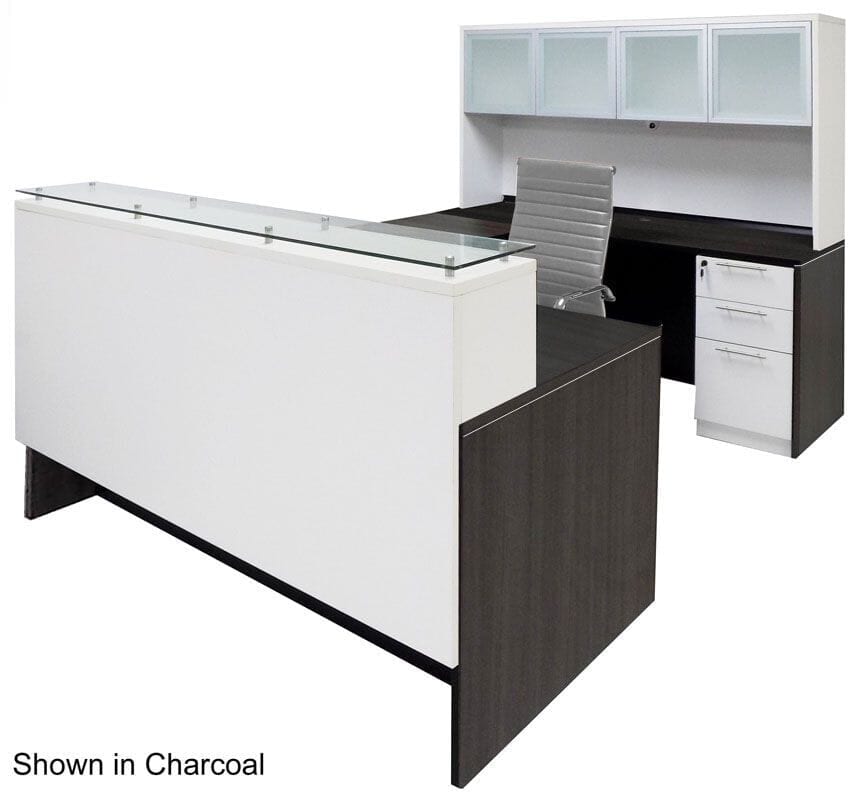 Emerge Glass Top U-Shaped Reception Workstation w/Drawers, Hutch, & LED ...