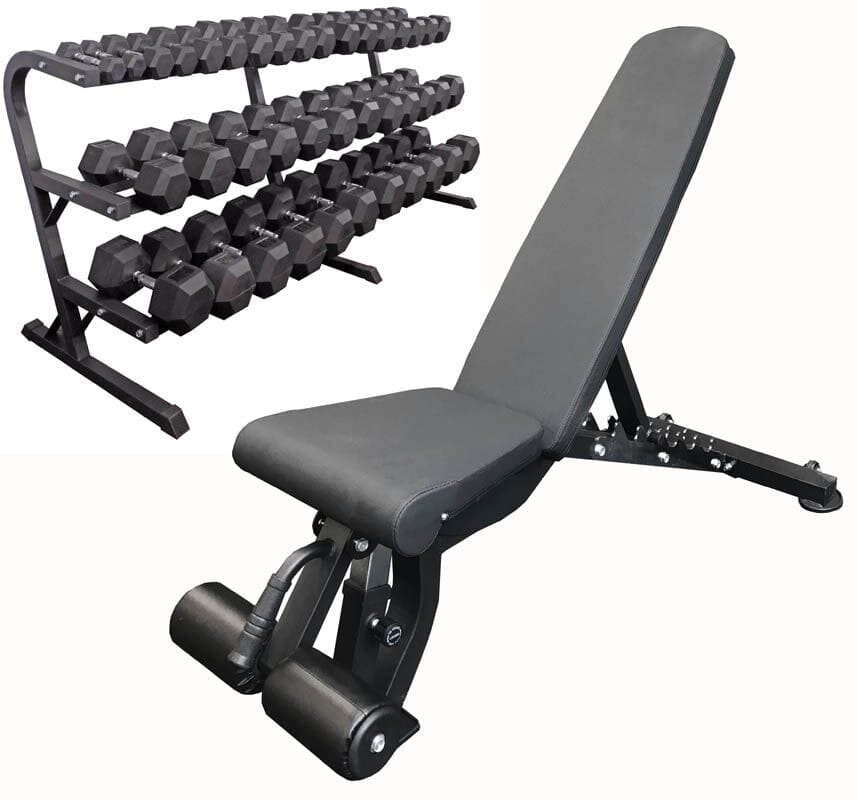 5-100 lb. Dumbbell Set w/ Storage Rack and Adjustable Weight Bench