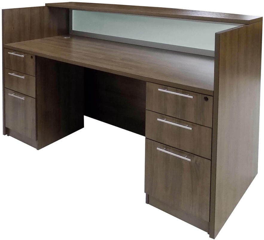 Rectangular Modern Walnut Reception Desk w/Frosted Glass Panel